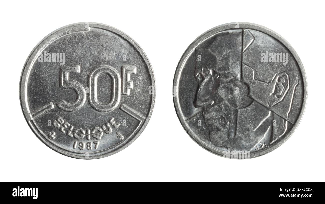 Isolated photo of 50 Belgium 1987 francs nickel coin of Baudouin 1 ...