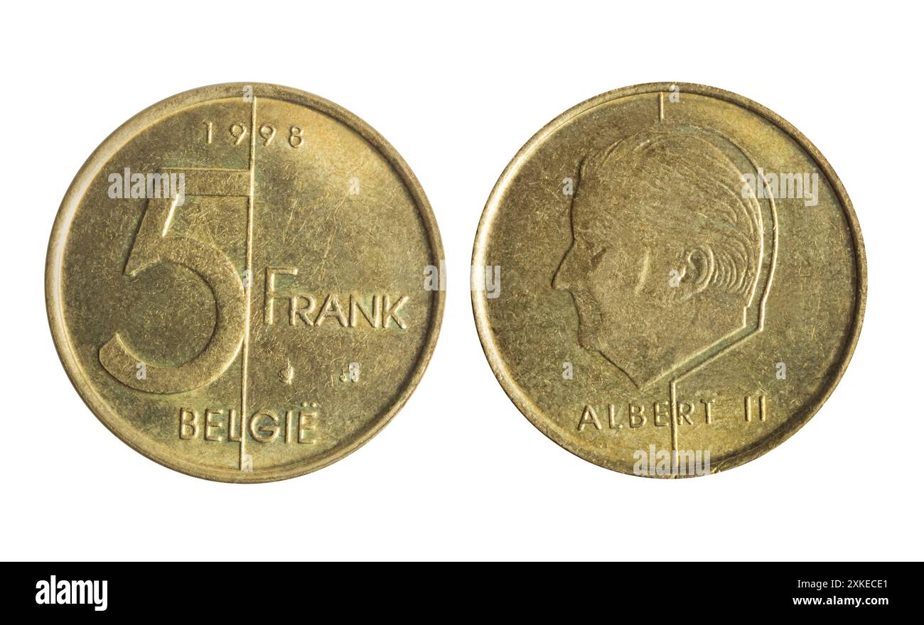 Isolated photo of 5 Belgium 1998 franc aluminium-bronze coin of King ...