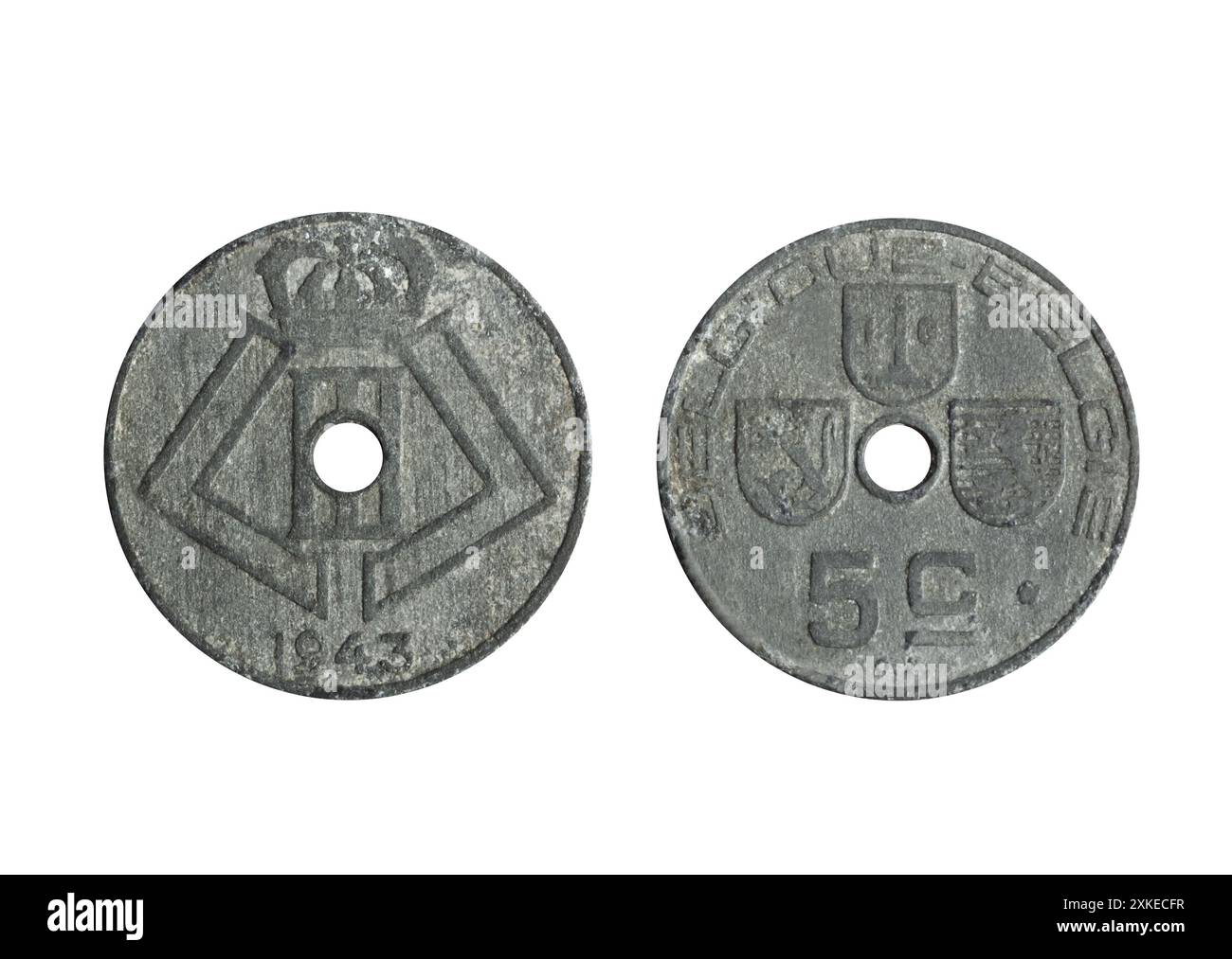 Isolated photo of 5 Belgium 1943 centimes zinc coin of King Leopold 3 ...