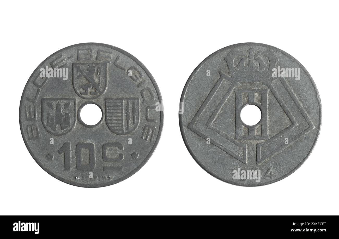 Isolated photo of 10 Belgium 1944 centimes zinc coin of King Leopold 3 ...