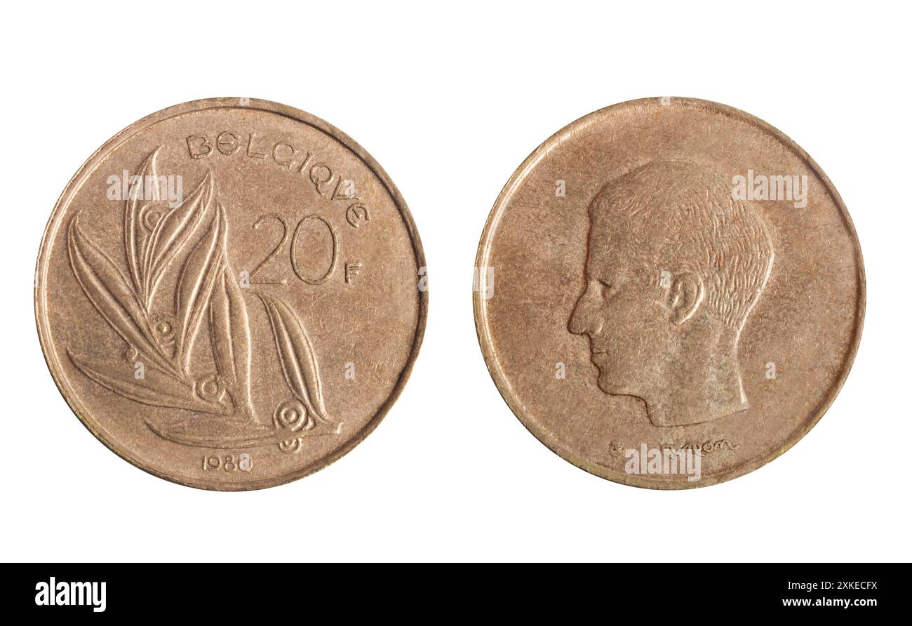 Isolated photo of 20 Belgium 1980 franc nickel-bronze coin of Baudouin ...
