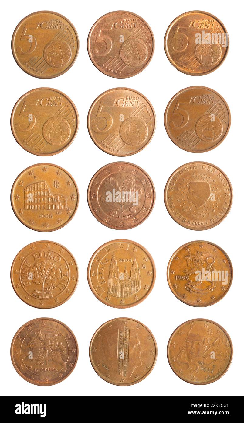 Isolated photo of 5 various countries euro cent copper plated steel ...