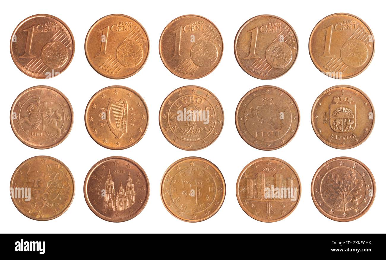 Isolated photo of 1 various countries euro cent copper plated steel ...