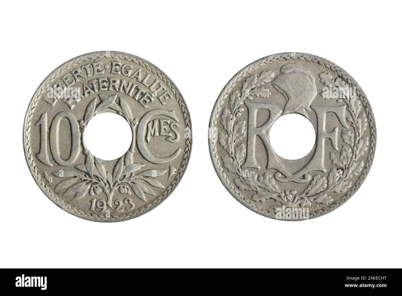 Isolated photo of 10 France 1923 centimes copper-nickel coin on white ...