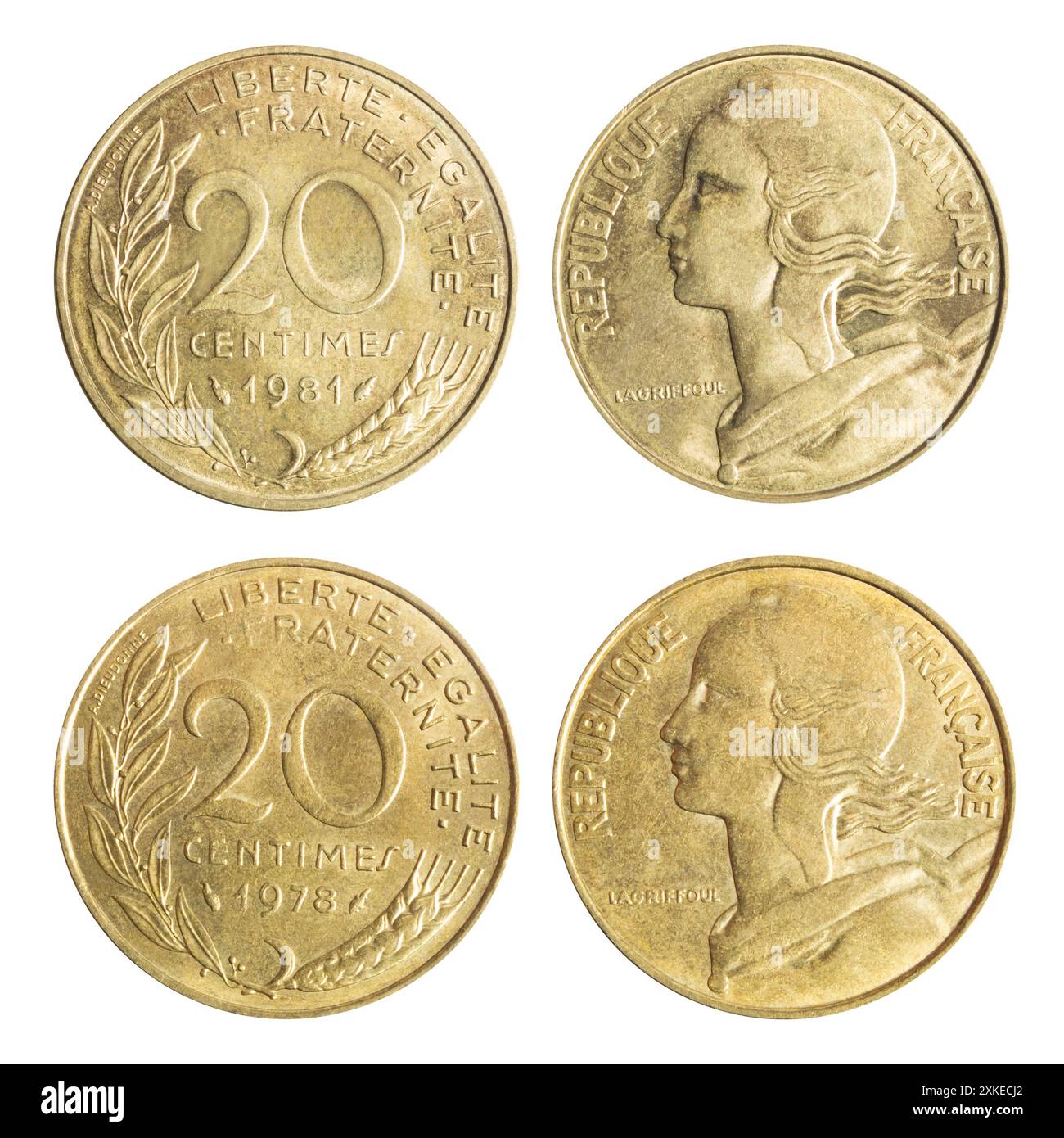 Isolated photo of 20 French 1978 and 1981 centimes aluminium-bronze ...