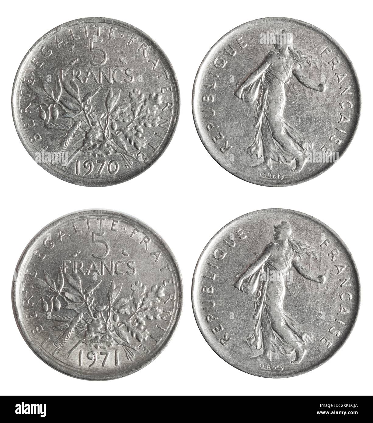 Isolated photo of 5 French 1970 and 1971 franc copper-nickel coins of ...