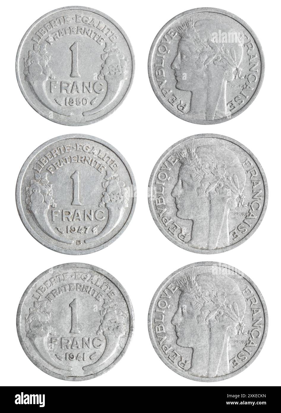Isolated photo of 1 French 1950,1947 and 1941 franc coins aluminium ...