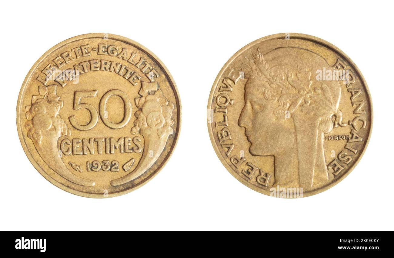 Isolated photo of 50 French 1932 centimes aluminium-bronze coin of ...