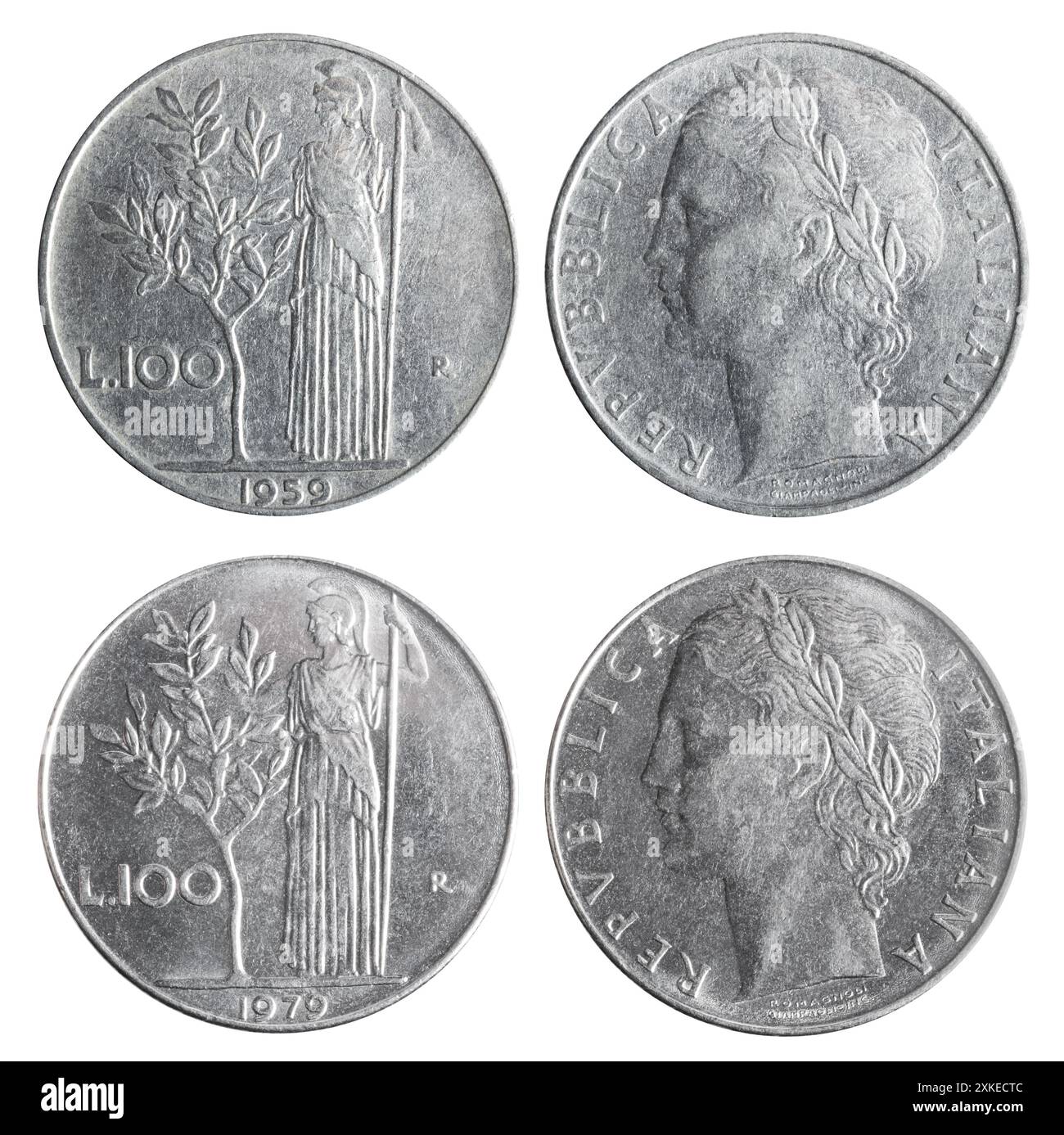 Isolated photo of 100 Italian 1959 and 1979 lire stainless steel coin of Republica Italiana 1946 ...