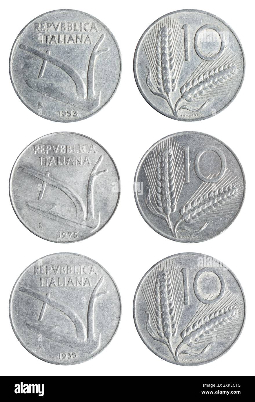 Isolated photo of 10 Italian 1953,1955, 1975 lire stainless steel coin ...