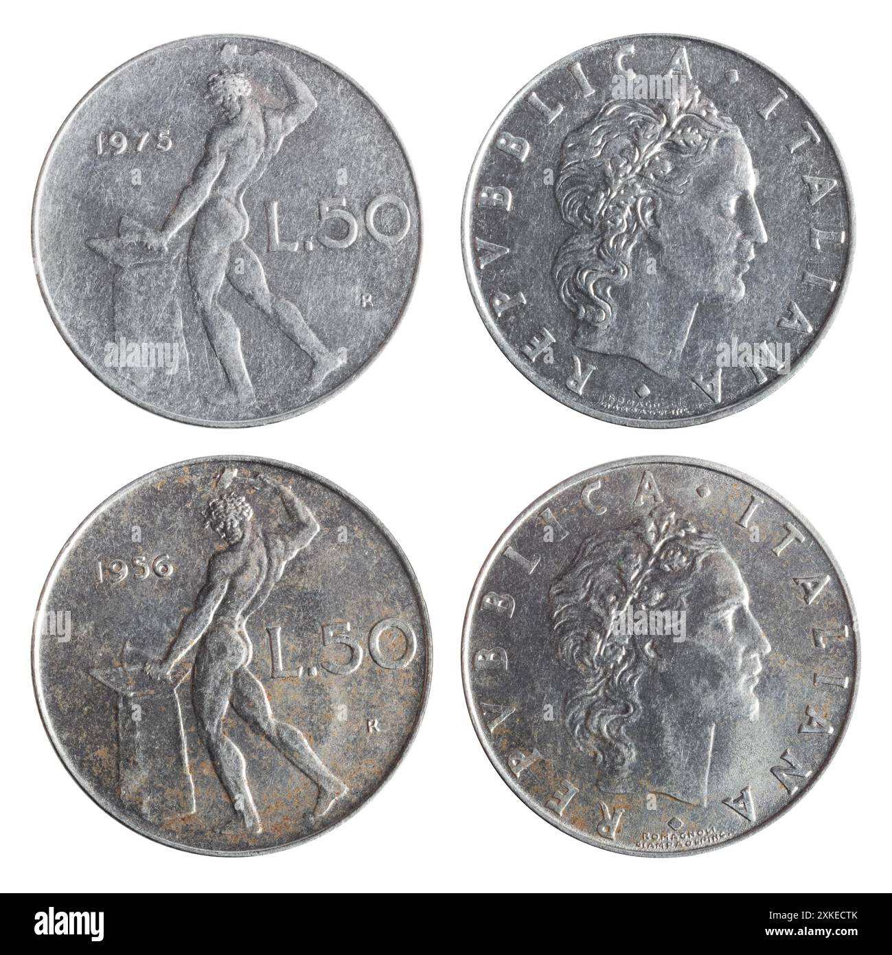 Isolated photo of 50 Italian 1956 and 1975 lire stainless steel coin of ...