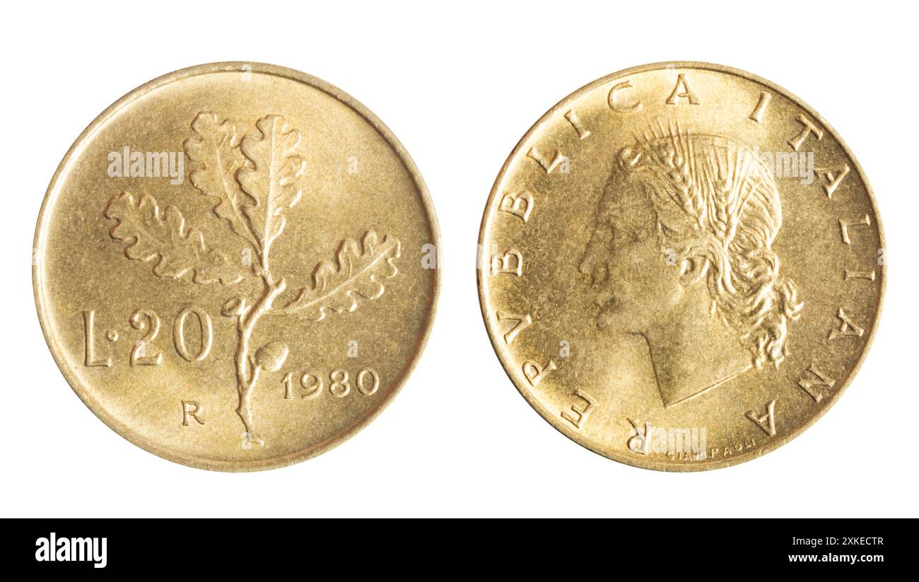 Isolated photo of 20 Italian 1980 lire lire aluminium-bronze coin od ...