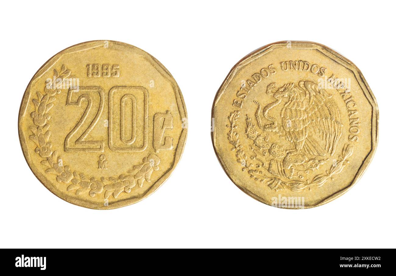 Isolated photo of 20 Mexican 1995 centavos centavos aluminium-bronze ...