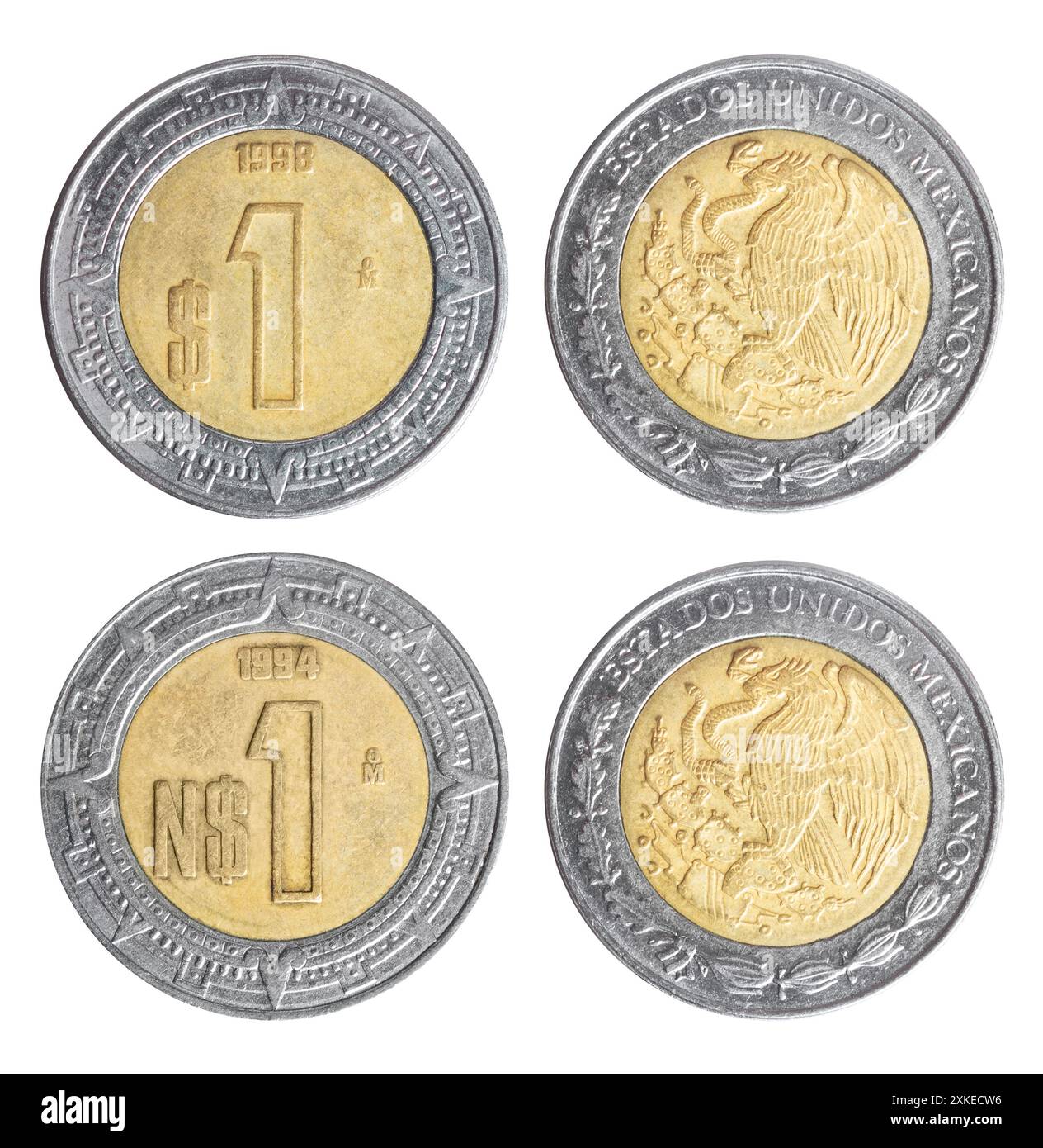 Isolated photo of 1 Mexican 1994 and 1998 peso bi-metal coins on white ...