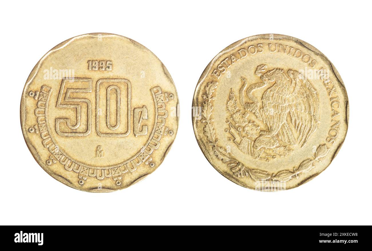 Isolated photo of 50 Mexican 1995 centavos aluminium-bronze coins on ...