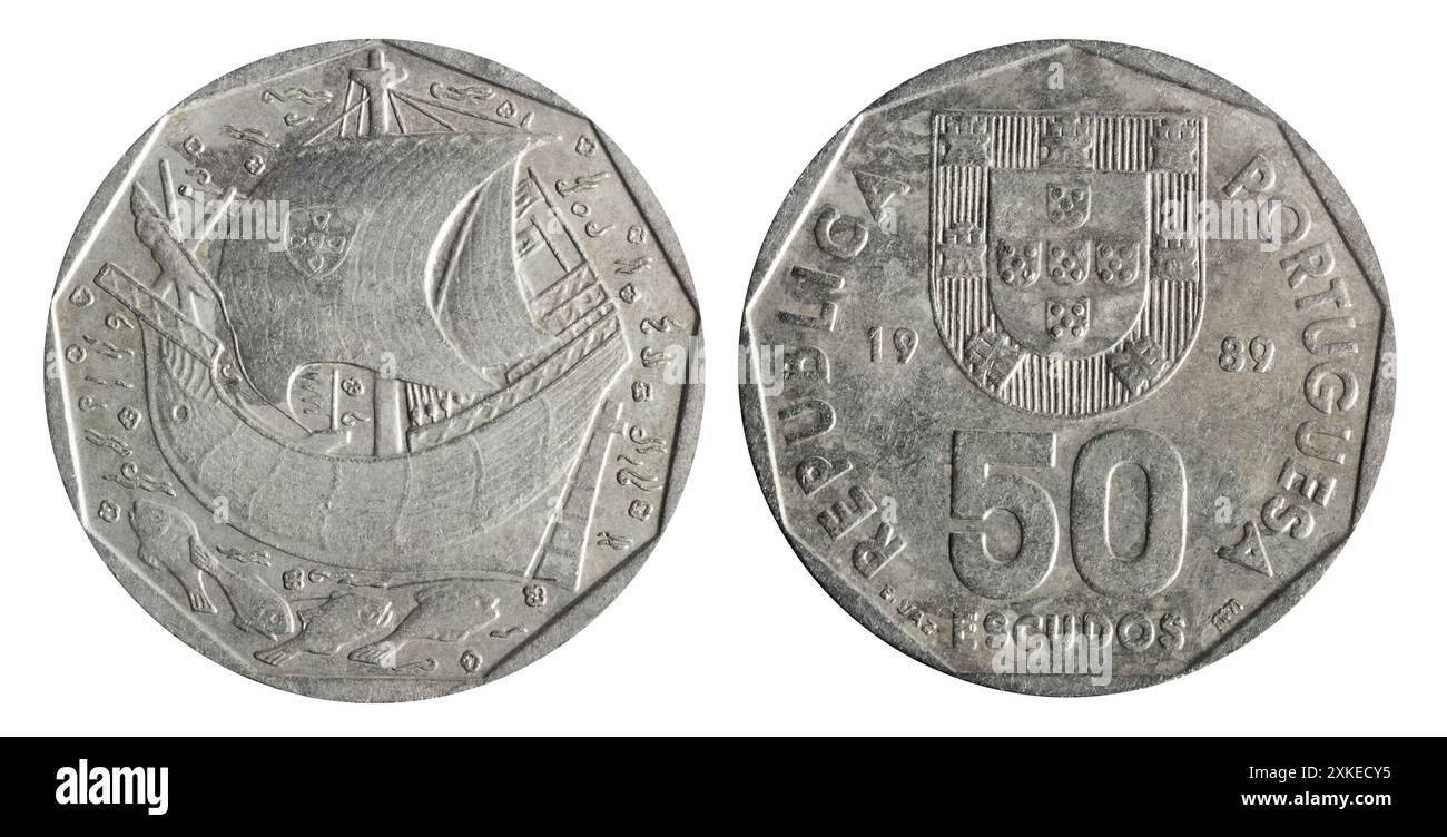 Isolated photo of 50 Portugal 1989 escudos copper-nickel coin of ...