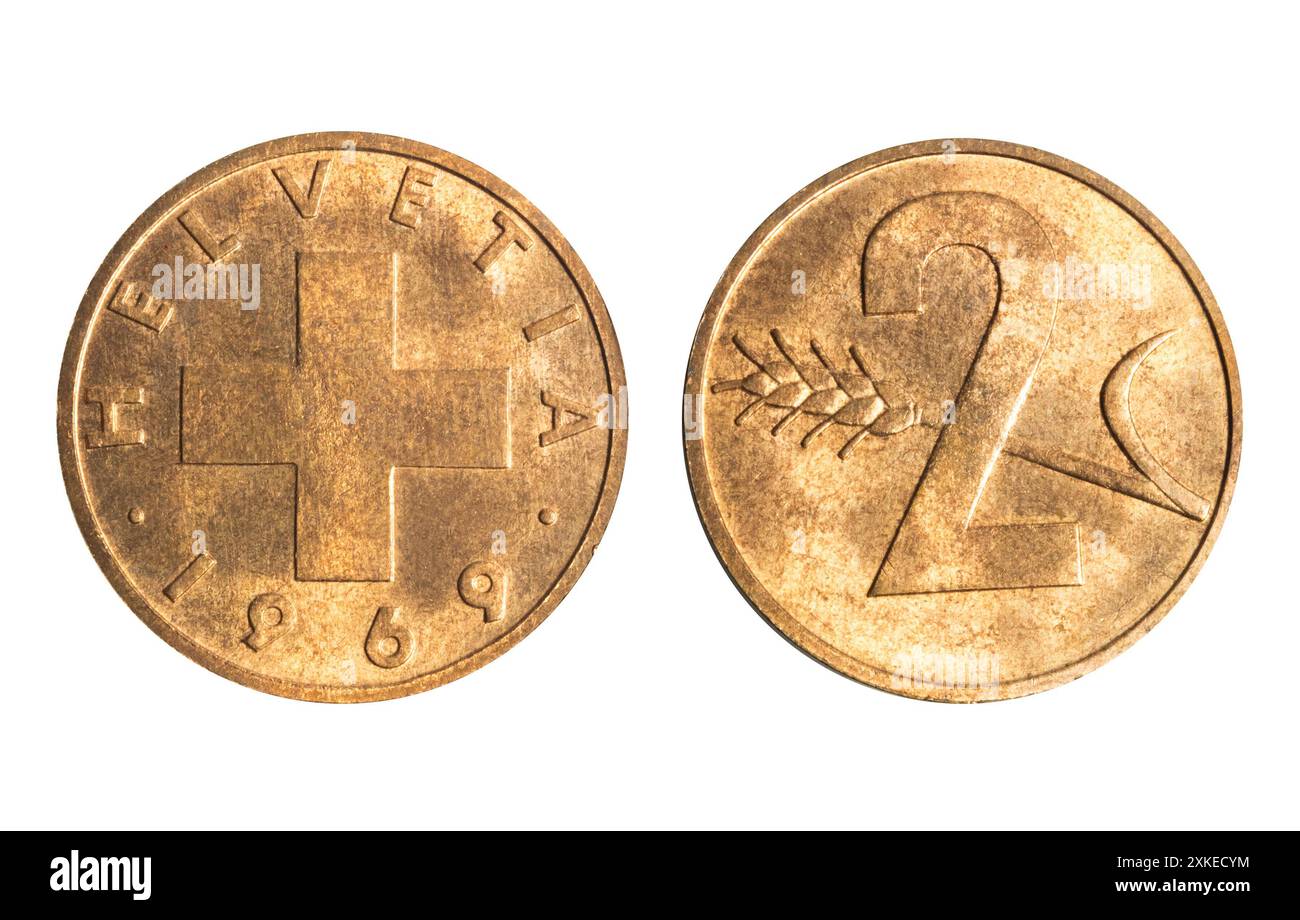 Isolated photo of 1969 Switzerland 2 rappen bronze coin of ...