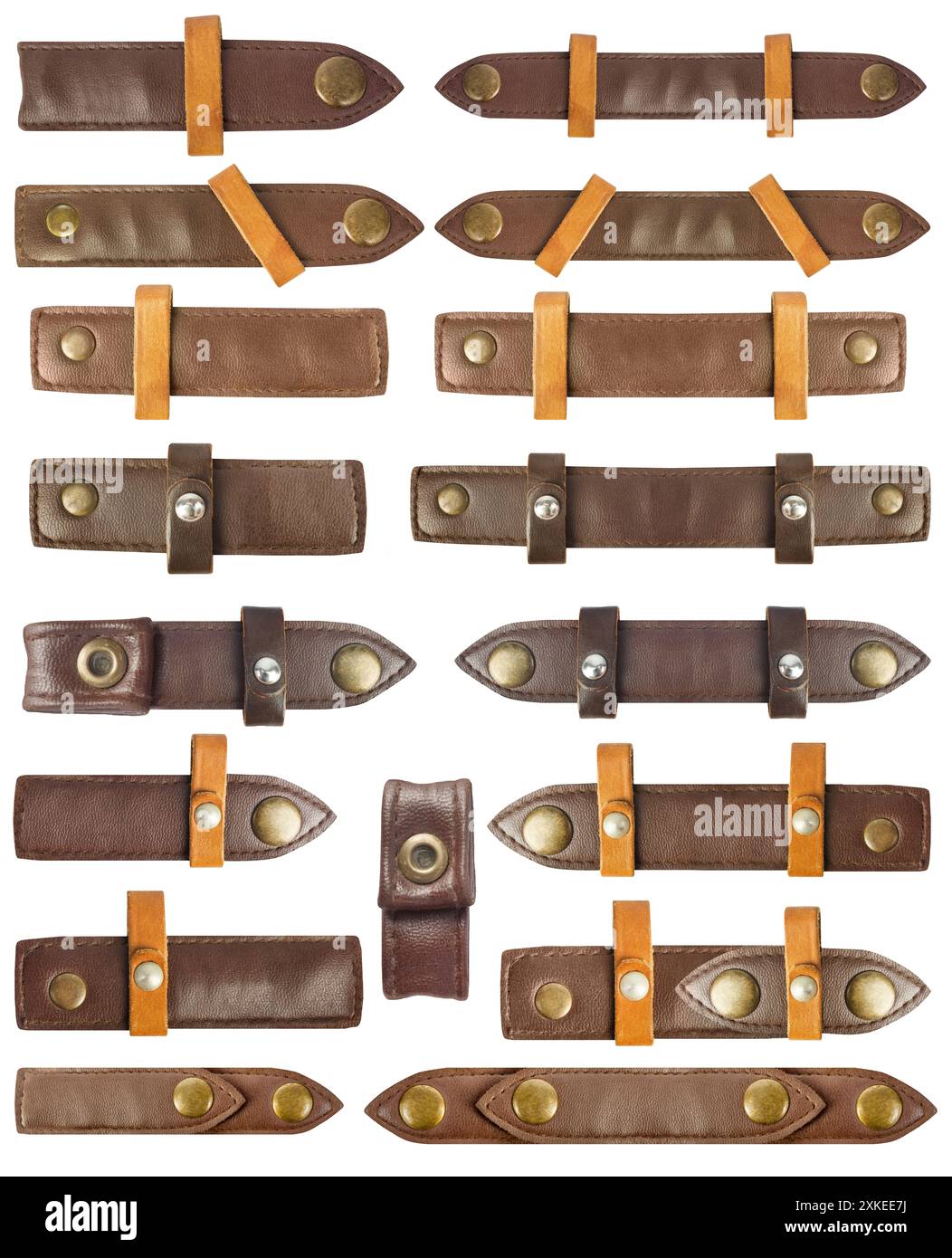 Isolated photo of leather brown straps with brass buttons on white ...