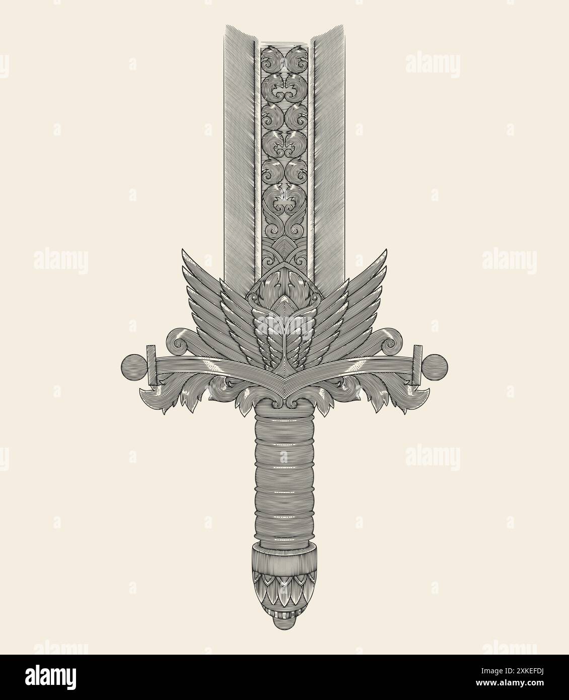 Antique sword hilt with wing and floral ornament. Vintage engraving ...