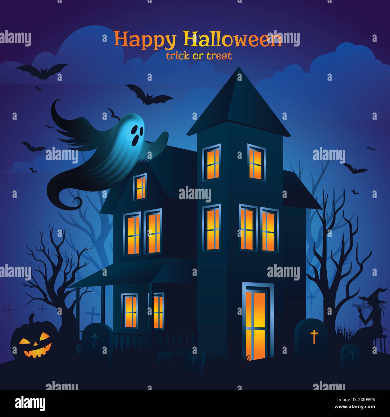 Happy Halloween haunted house at night with full moon, flying bats ...