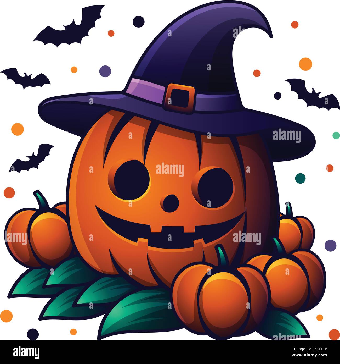 Cute Happy Halloween Clipart or badge. Flying bat with pumpkin wearing ...