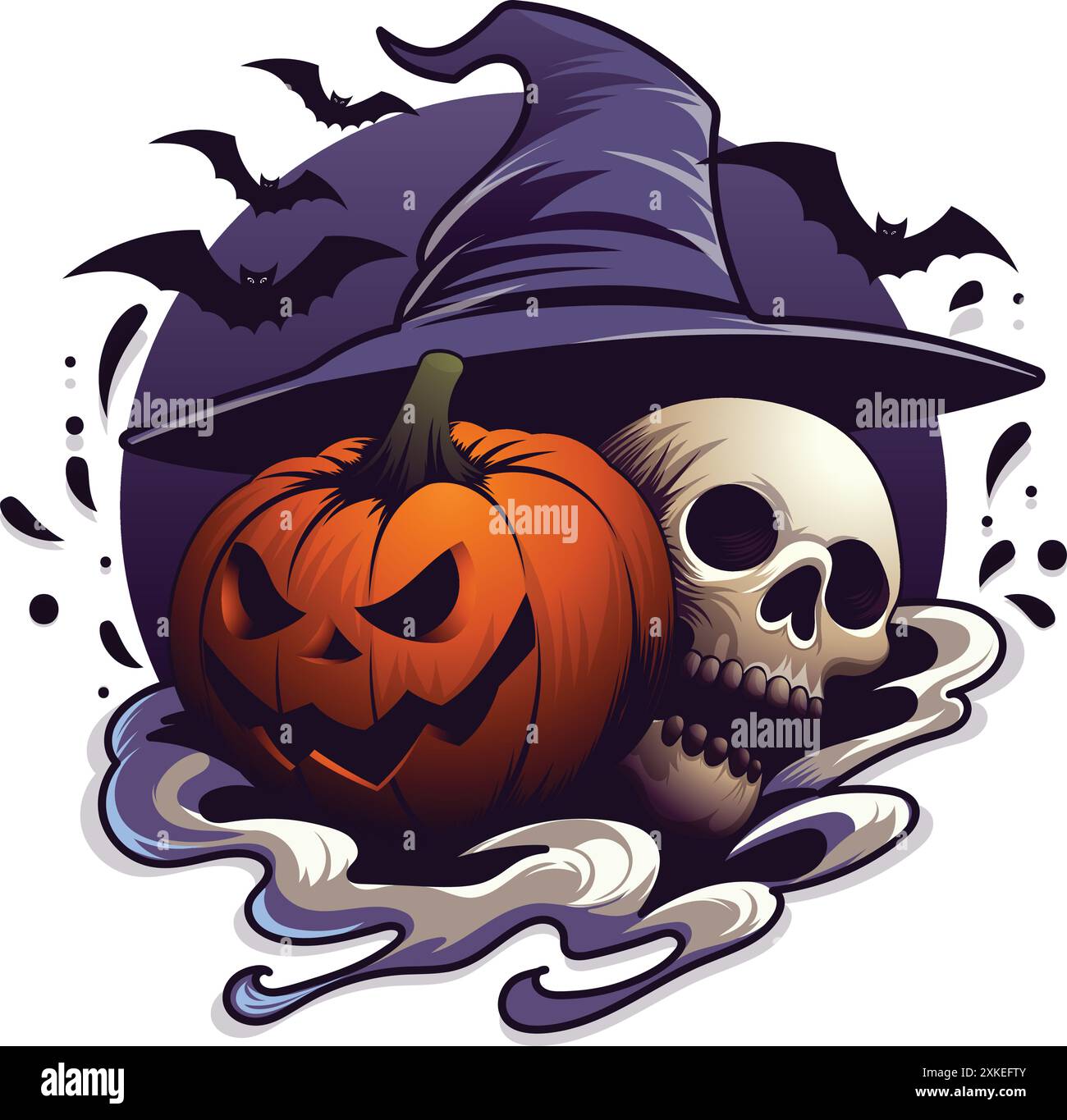 Happy Halloween Clipart or badge. Witch hat, pumpkin, flying bat and ...