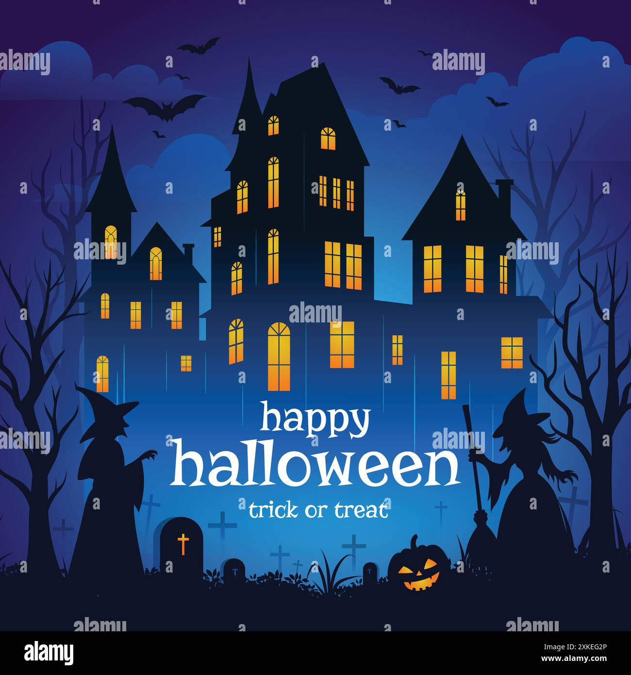 Happy Halloween haunted witch house at night with full moon, flying ...