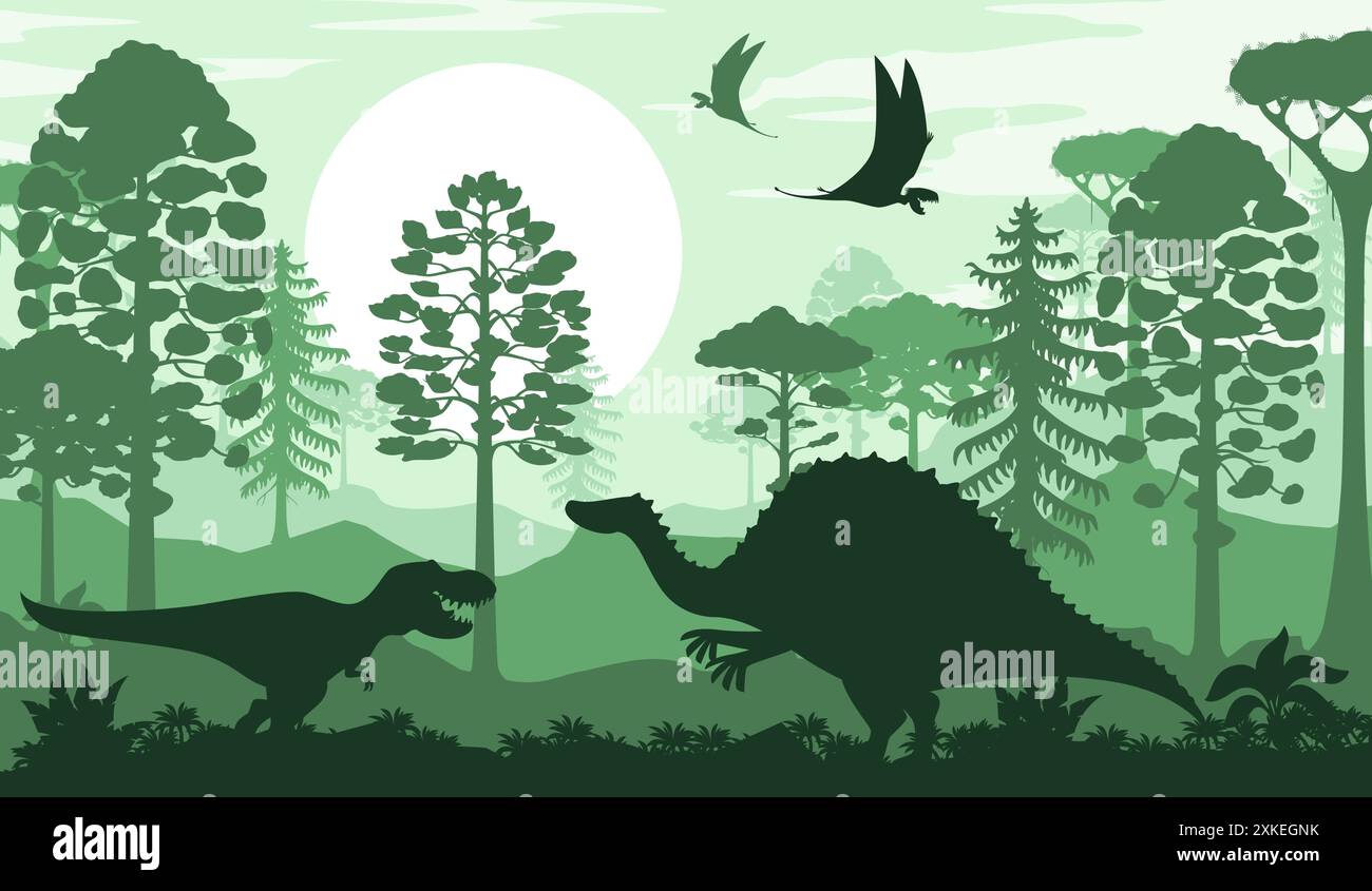 Prehistoric dinosaur silhouettes in the forest. Vector scene with ...