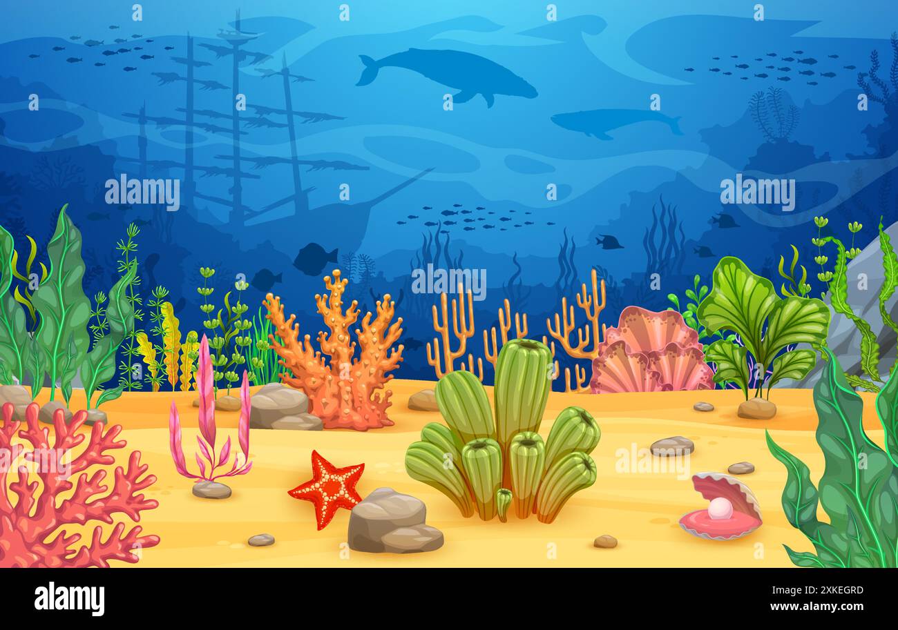 Algae seaweeds, whale and sunken ship silhouettes, underwater game ...