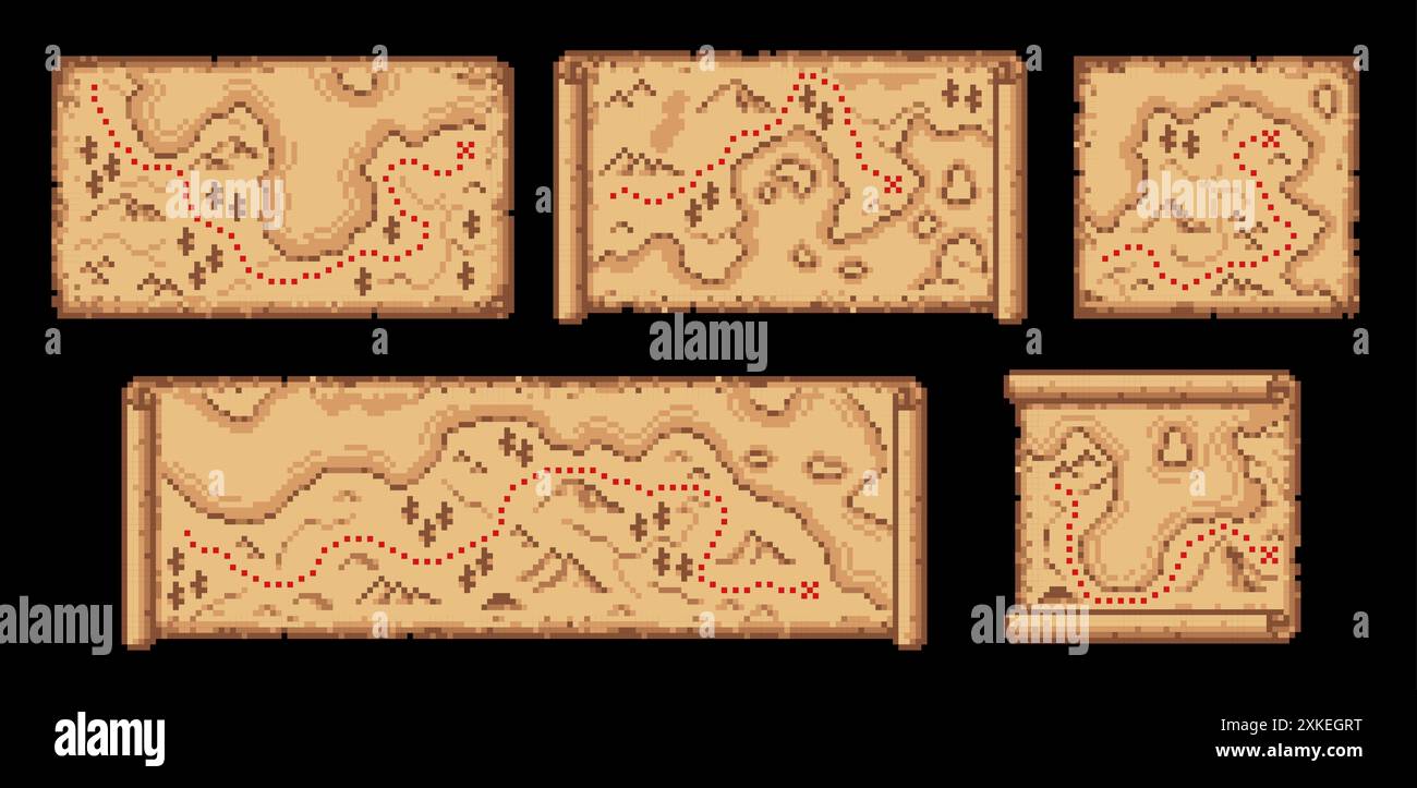 Pixel map paper scrolls, vector travel or pirate game UI assets. Pixel ...