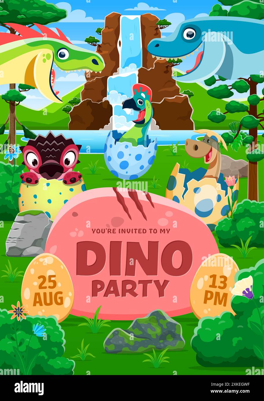 Kid party flyer with funny prehistoric dinosaurs. Vector dino holiday ...