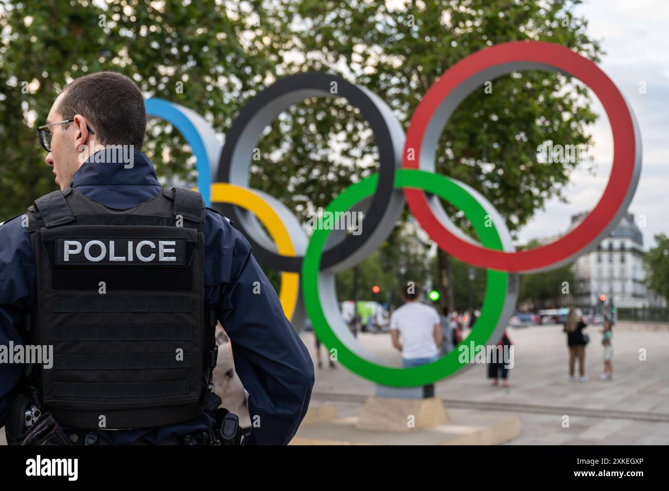 Paris, France. 22nd July, 2024. 240722 A police officer and the Olympic ...