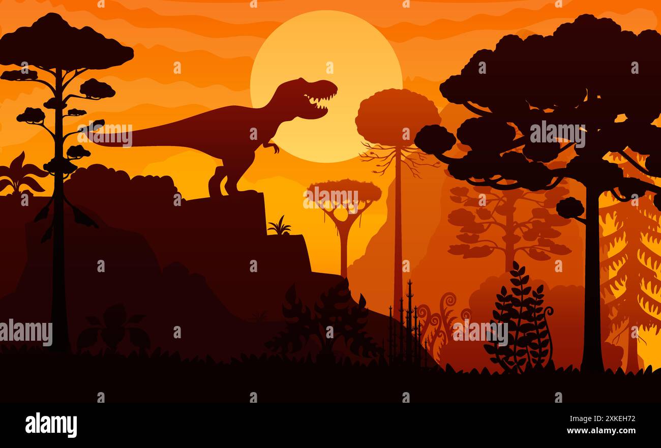 T Rex dinosaur on sunset forest landscape in Jurassic jungle park ... T Rex dinosaur on sunset forest landscape in Jurassic jungle park ...