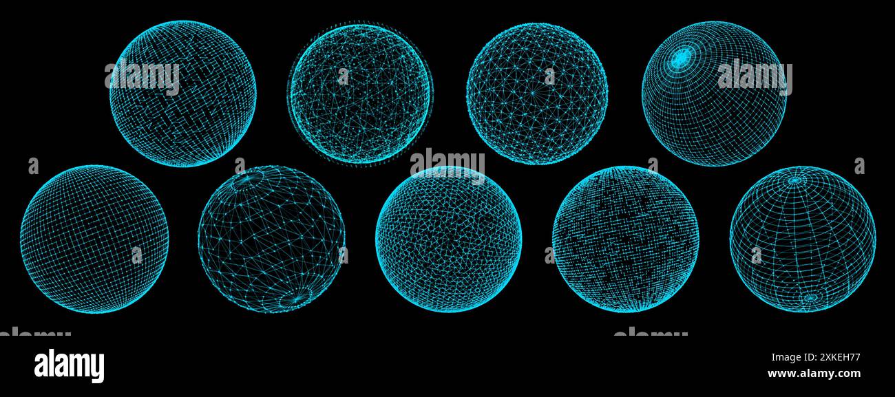 3d sphere globe, grid and wireframe. Vector line network spheres, planet globes and balls with ...