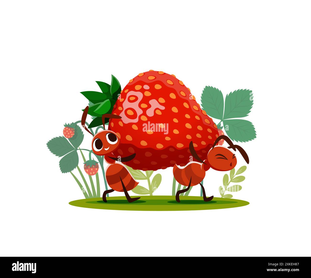 Cartoon ants carry strawberry for food in meadow grass, vector funny ...