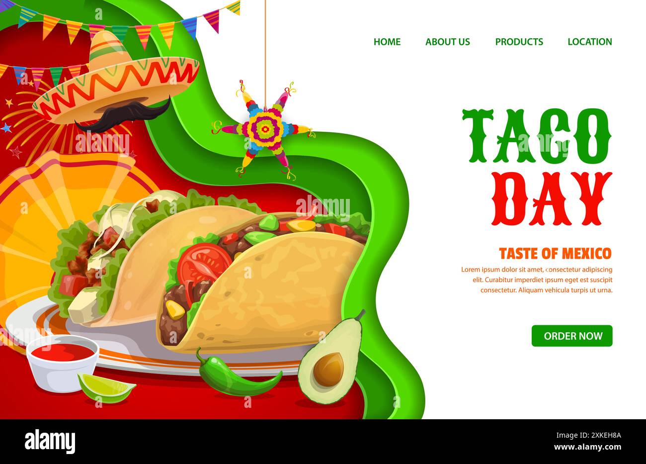 Tacos day landing page with Mexican cuisine food and snacks, vector ...