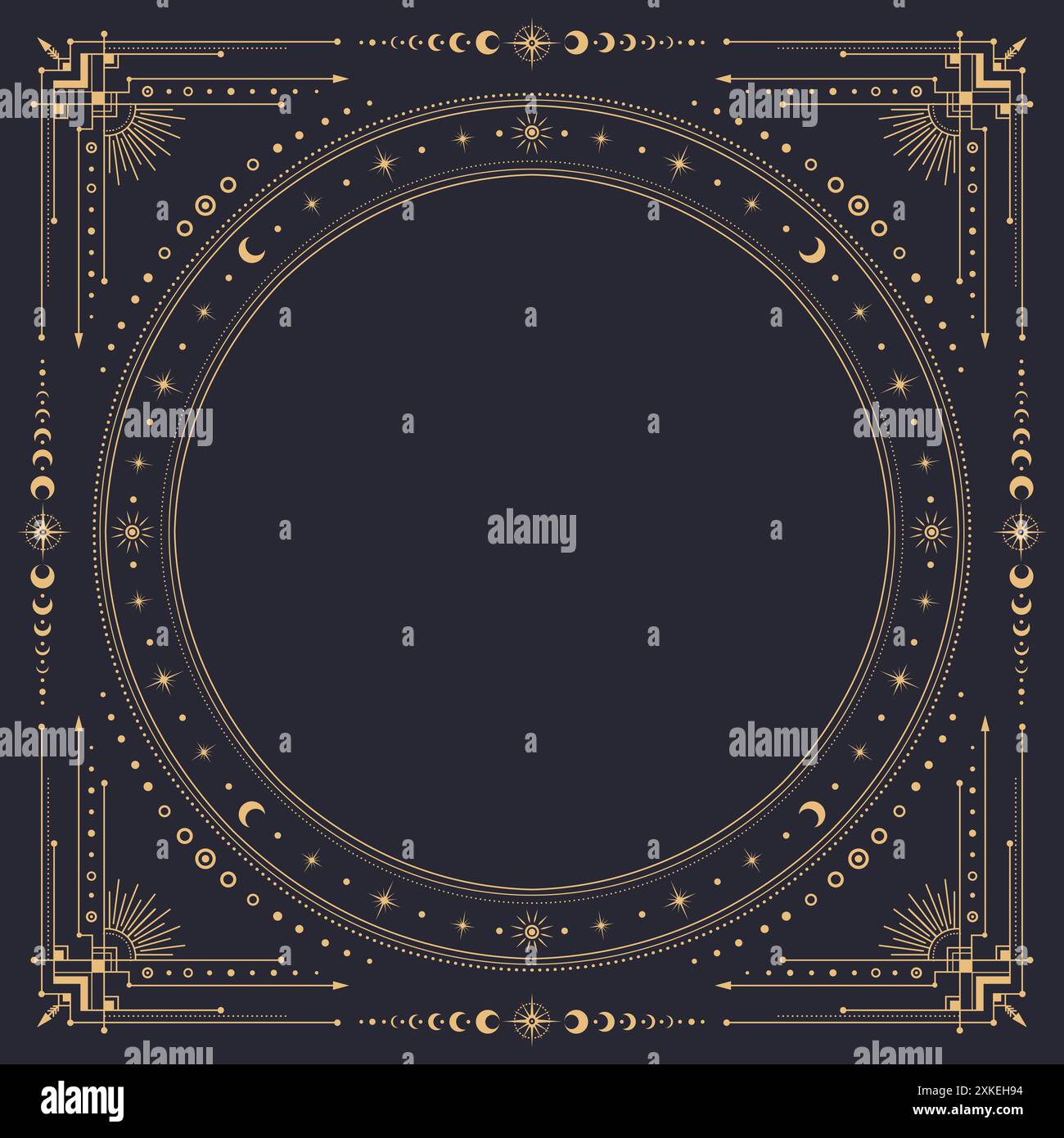 Square celestial frame with borders of mystic gold moon and stars, vector tarot cards, astrology ...