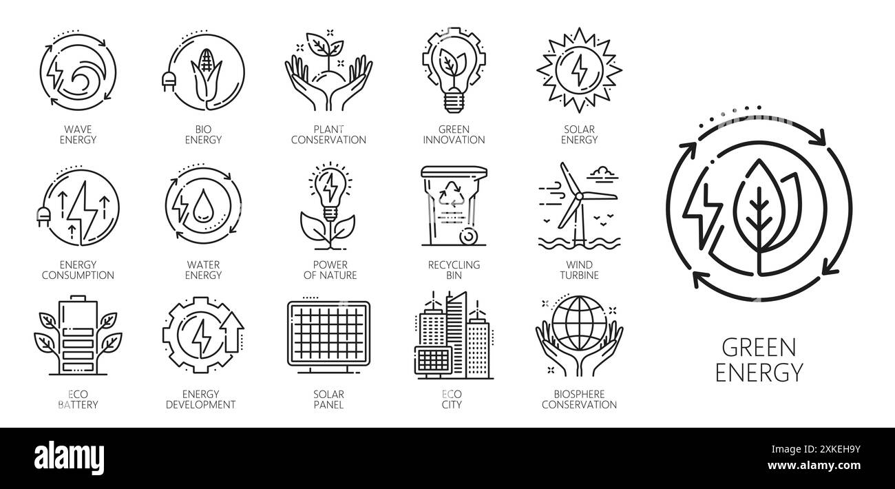 Green energy, eco power line icons. Electric electricity battery ...