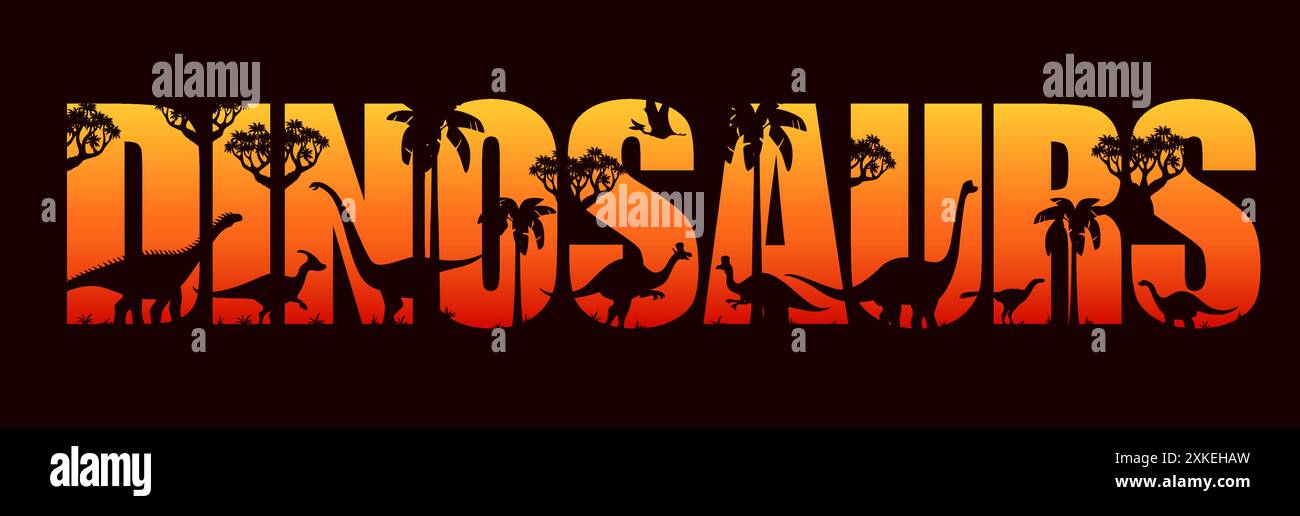 Dinosaurs sunset silhouettes in jungle forest or Jurassic park, vector ...