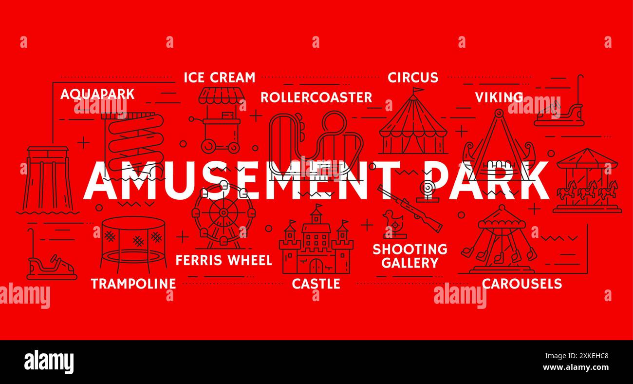 Amusement park, playground and funfair rides or attractions, vector ...