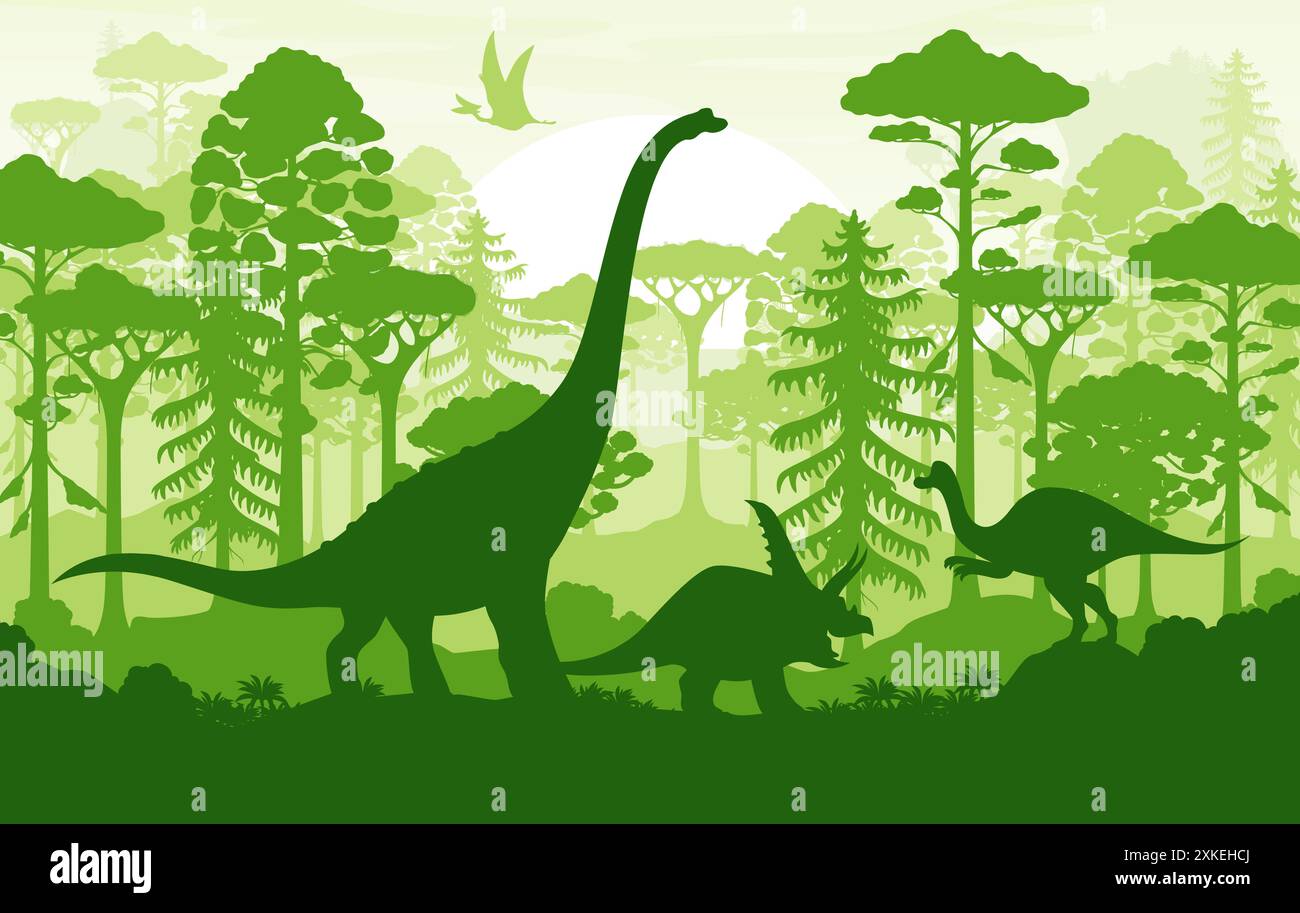 Prehistoric landscape, dinosaurs silhouettes in tropical jungle forest ...