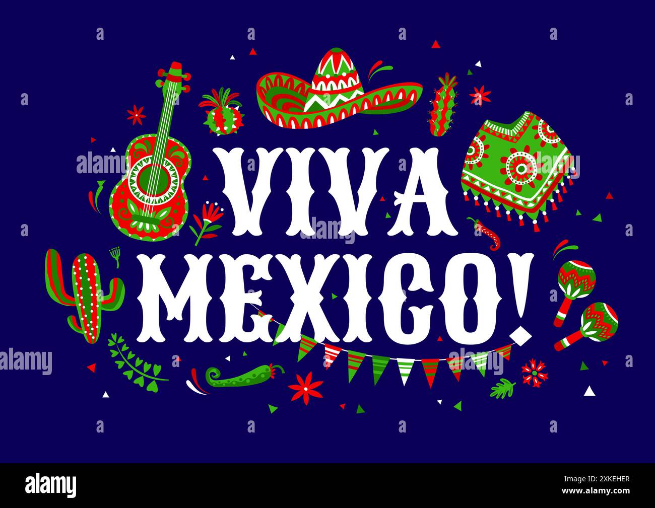 Viva Mexico banner with sombrero, guitar and peppers for Mexican ...