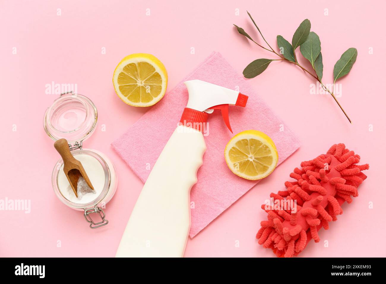 Composition with natural cleaning supplies on pink background Stock ...