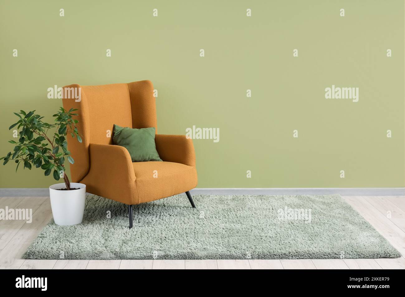 Interior of living room with green carpet, armchair and plant Stock ...