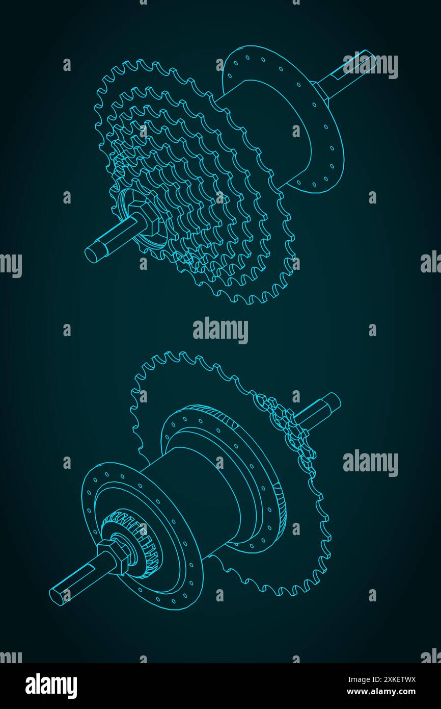 Stylized vector illustrations of isometric technical drawings of a ...