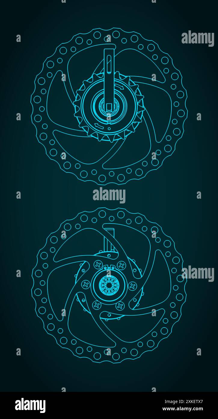 Stylized vector illustration of technical drawings of a bicycle rear ...
