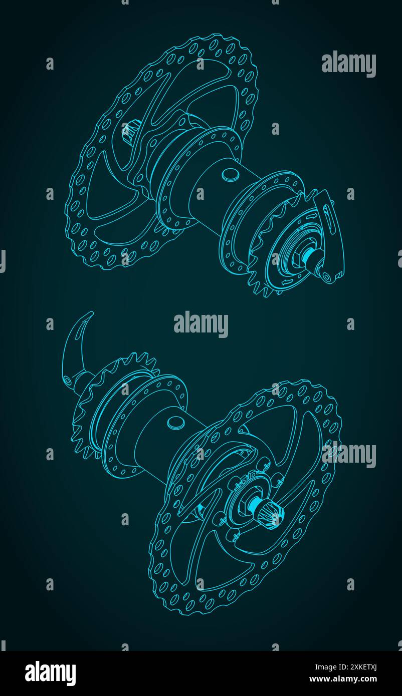 Stylized vector illustration of isometric technical drawings of a ...
