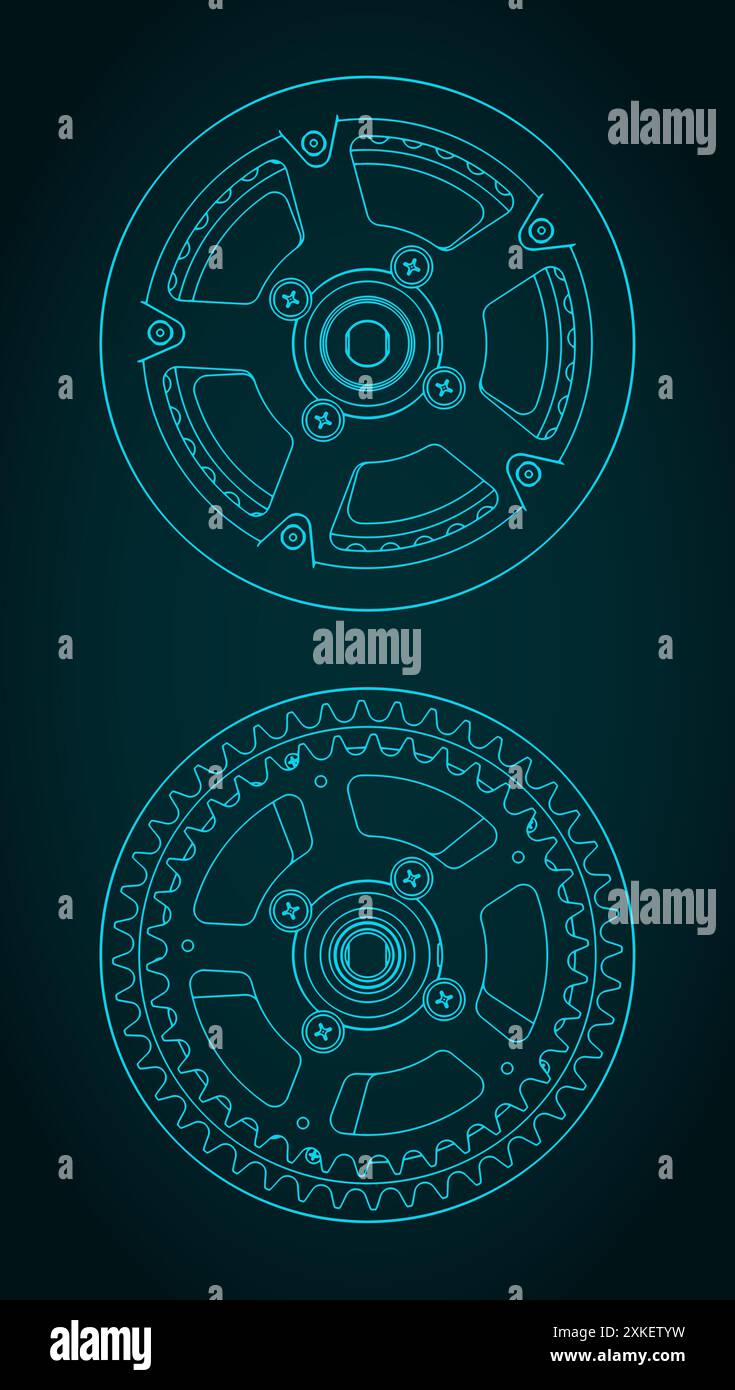 Stylized vector illustrations of technical drawings of a crankset Stock ...