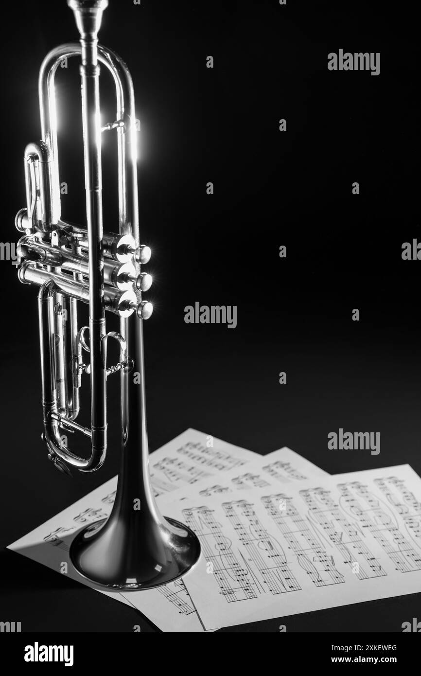 Shiny trumpet and music sheets on dark background. Wind musical ...
