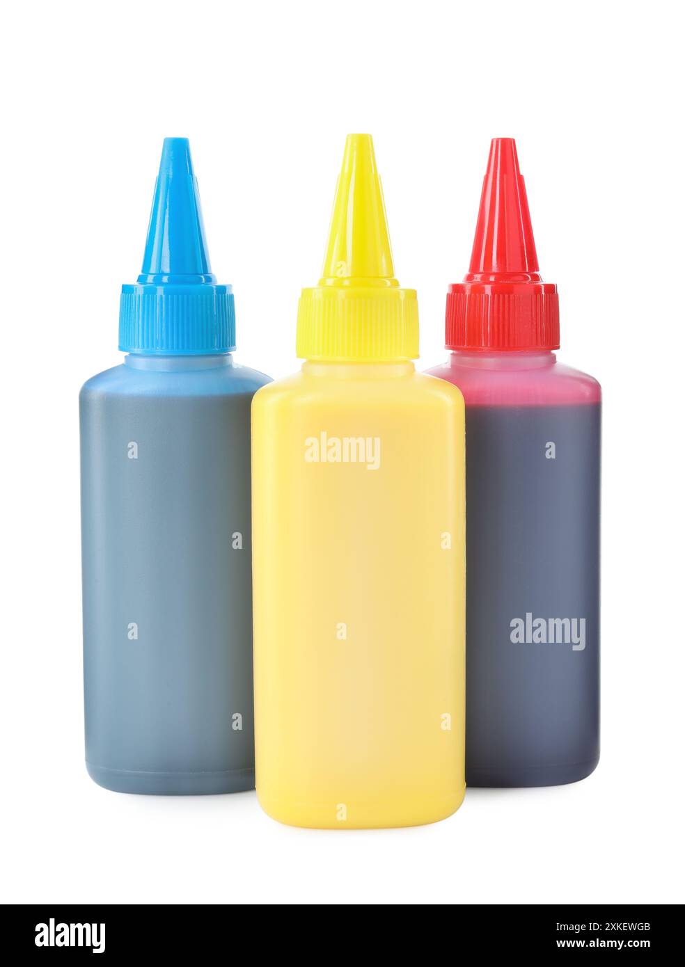 Bottles of different printer ink isolated on white Stock Photo - Alamy